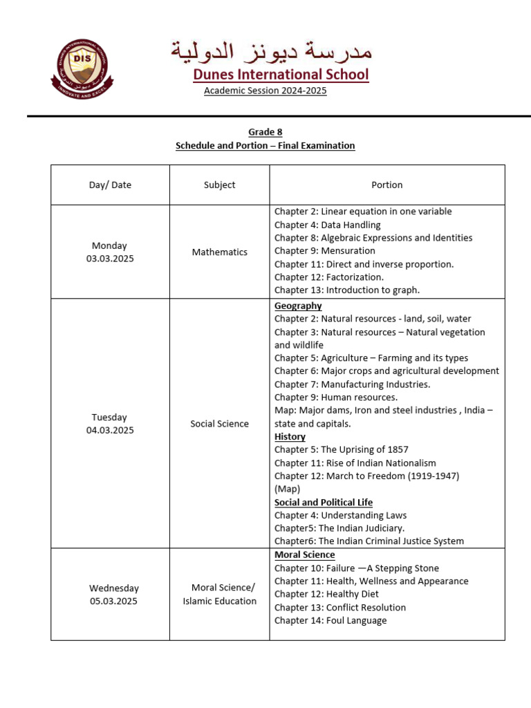 Grade 8 Final Exam Schedule 2024-25 | PDF