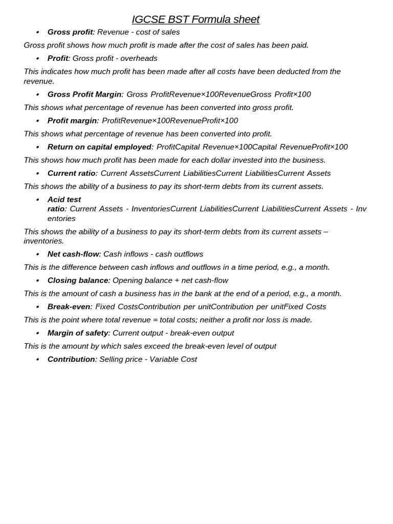 Key Financial Formulas for IGCSE BST | PDF