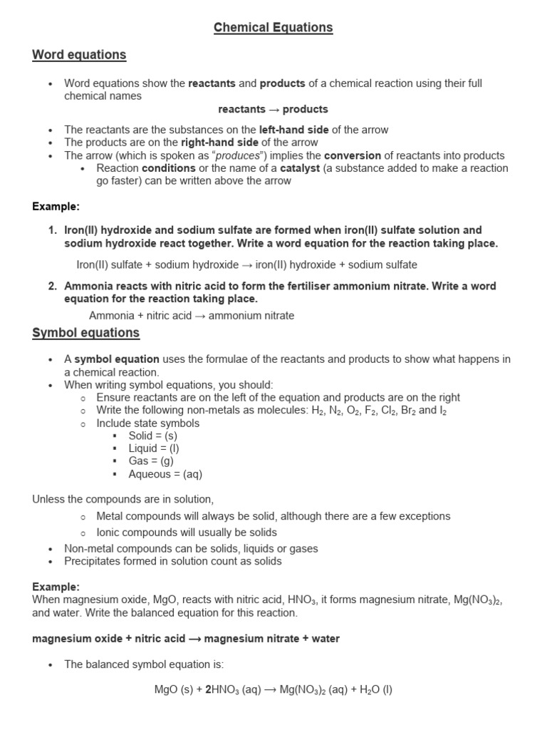 Chemical Equations and Word Reactions | PDF