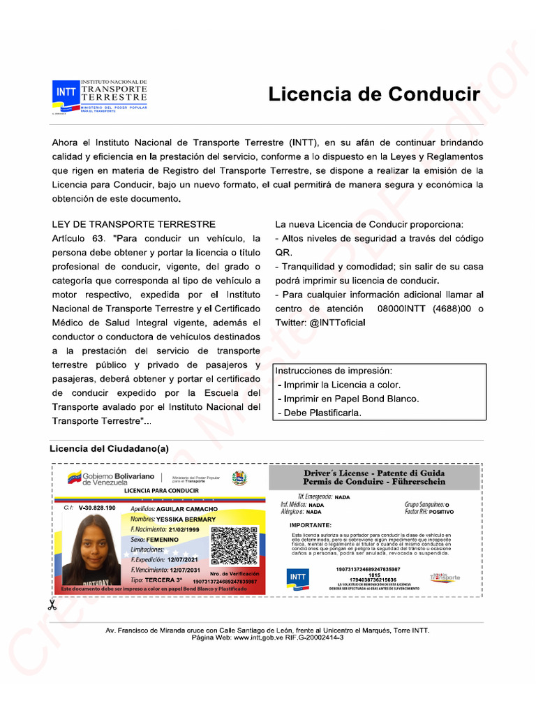Licencia de Venezuela Aguilar Camacho Yessika Bermary Tercera | PDF