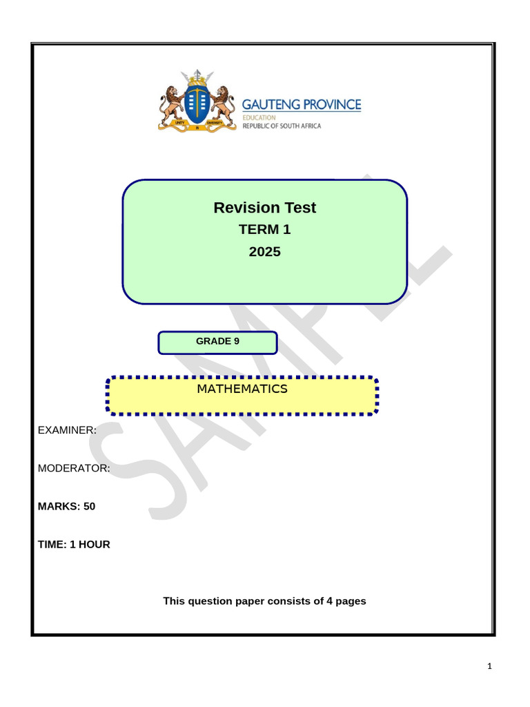Revision Test Term 1 Grade 9 2025-1 | PDF | Multiple Choice | Mathematics