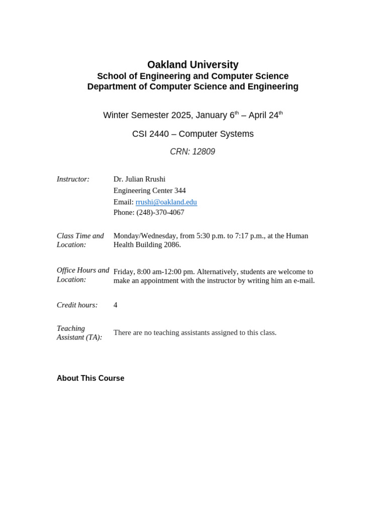 Course Syllabus - CSI 2440 - Winter 2024 - J Rrushi | PDF | Plagiarism | Computing