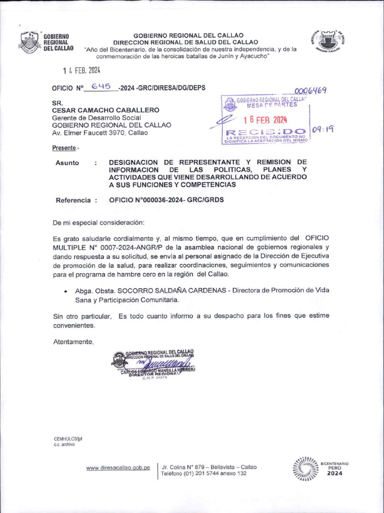 Oficio de Designacion Diresa Hambre Cero | PDF