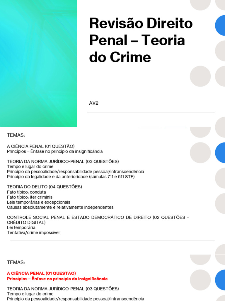 Revisão Direito Penal – Teoria do Crime 2023 1 av2 | PDF | Crimes | Crime e Violência