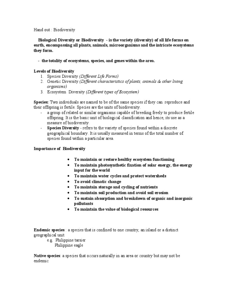 Biodiversity Handout | PDF | Biodiversity | Species