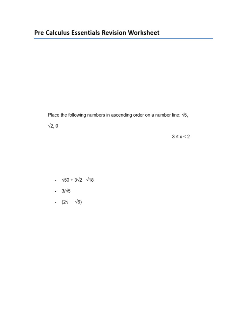 Pre Calculus Revision Worksheet Guide | PDF