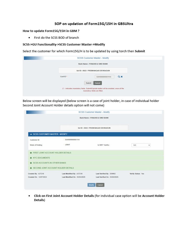 SOP For Updating Form 15G - H in SCSS | PDF