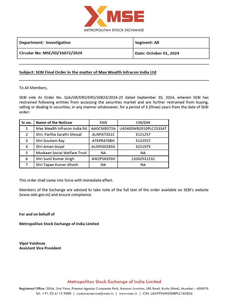 Max Wealth - SEBI Order - Deem Public | PDF