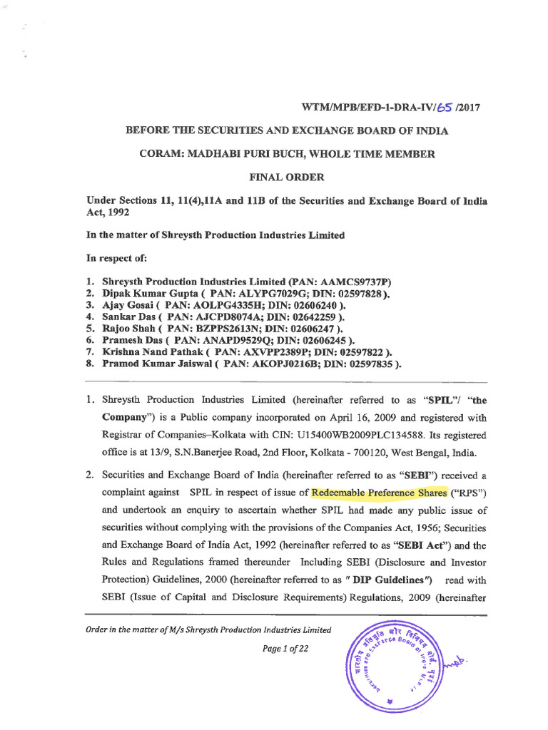 Shreysth SEBI Order Deem Public | PDF