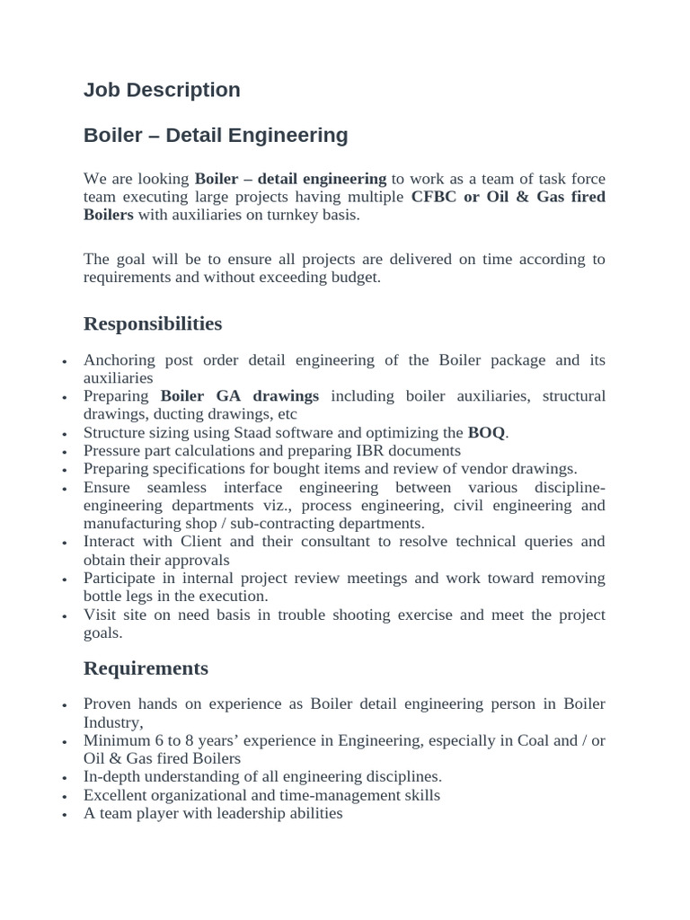 Boiler Detail Engineering Specialist Role | PDF