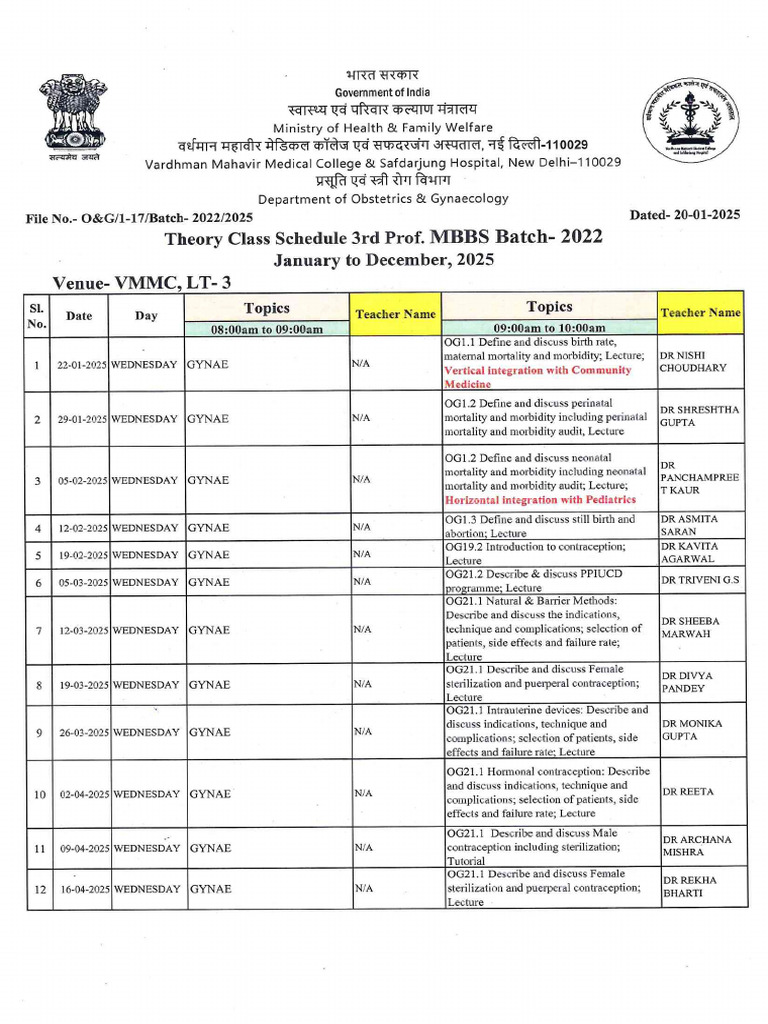 Theory Class Schedule 3rd Prof. MBBS Batch - 2022 (Jan. To Dec. 2025) 1 | PDF