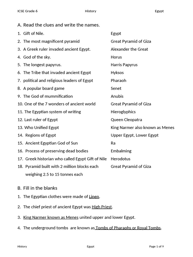 Grade 6 History Egypt Answers | PDF | Ancient Egypt | Ancient Egyptian ...