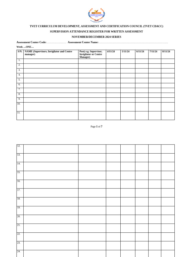 TVET CDACC Supervisor Attendance Register | PDF