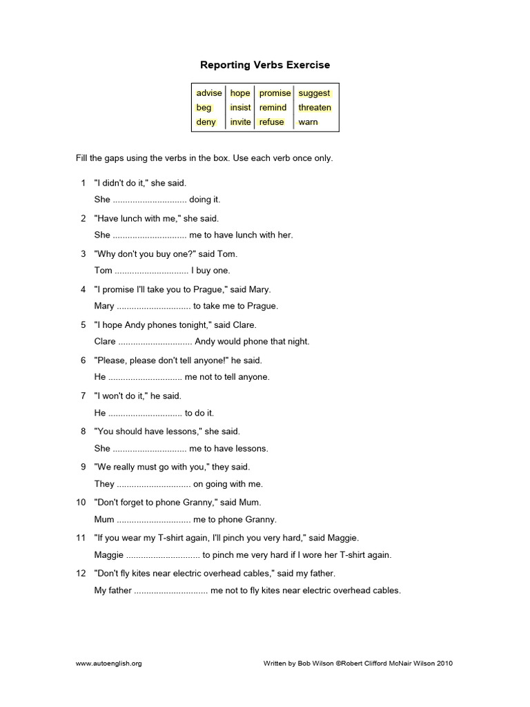Reporting Verbs Exercise 2 With Answers | PDF