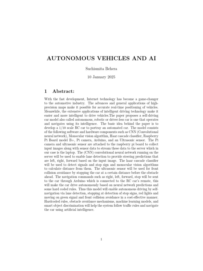 Autonomous Vehicles and Ai: 1 Abstract | PDF
