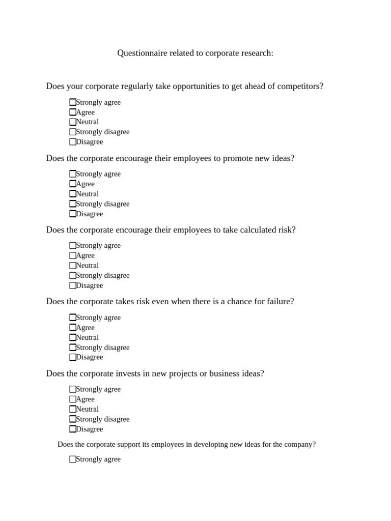Corporate Innovation and Risk Questionnaire | PDF