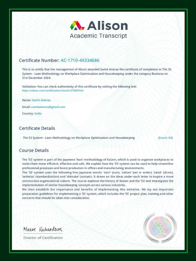 5S System Certification for Sumit Anerao | PDF