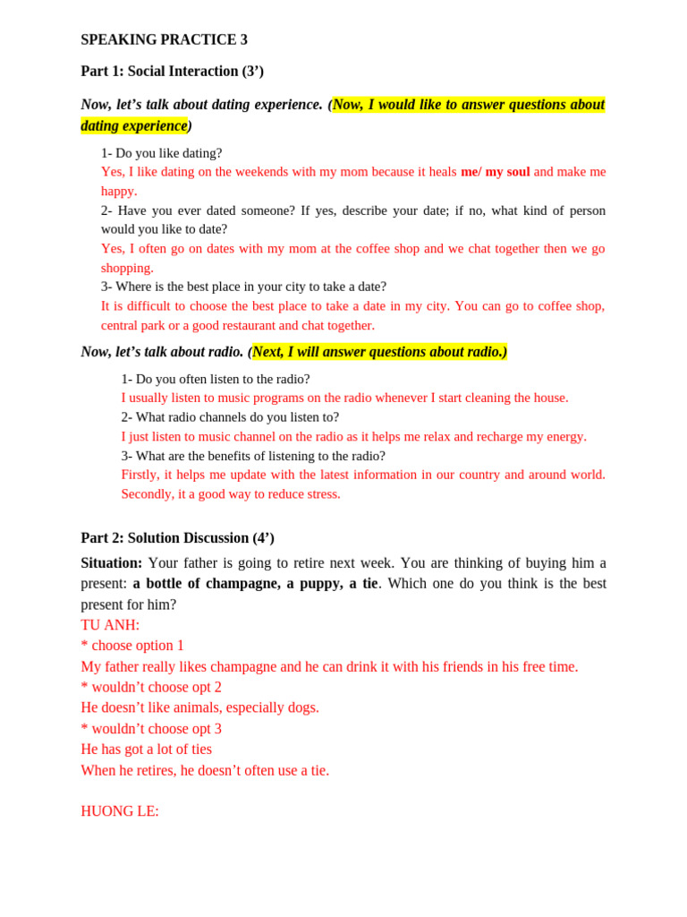 SPEAKING PRACTICE 3-Đã S A | PDF | Social Psychology | Behavioural Sciences