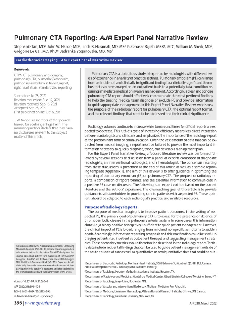 Tan Et Al 2021 Pulmonary Cta Reporting Ajr Expert Panel Narrative Review | PDF | Radiology ...