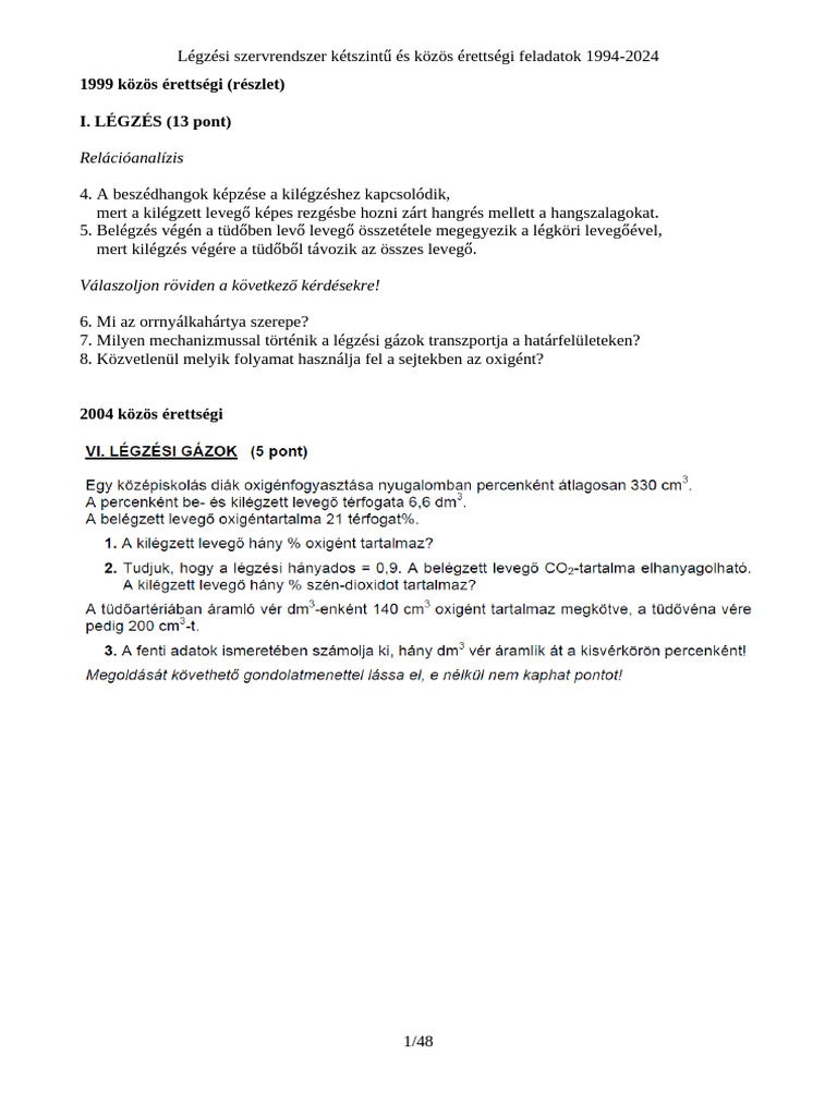Legzesi Szervrendszer Ketszintu Es Kozos Erettsegi Feladatok 1994 2024 | PDF