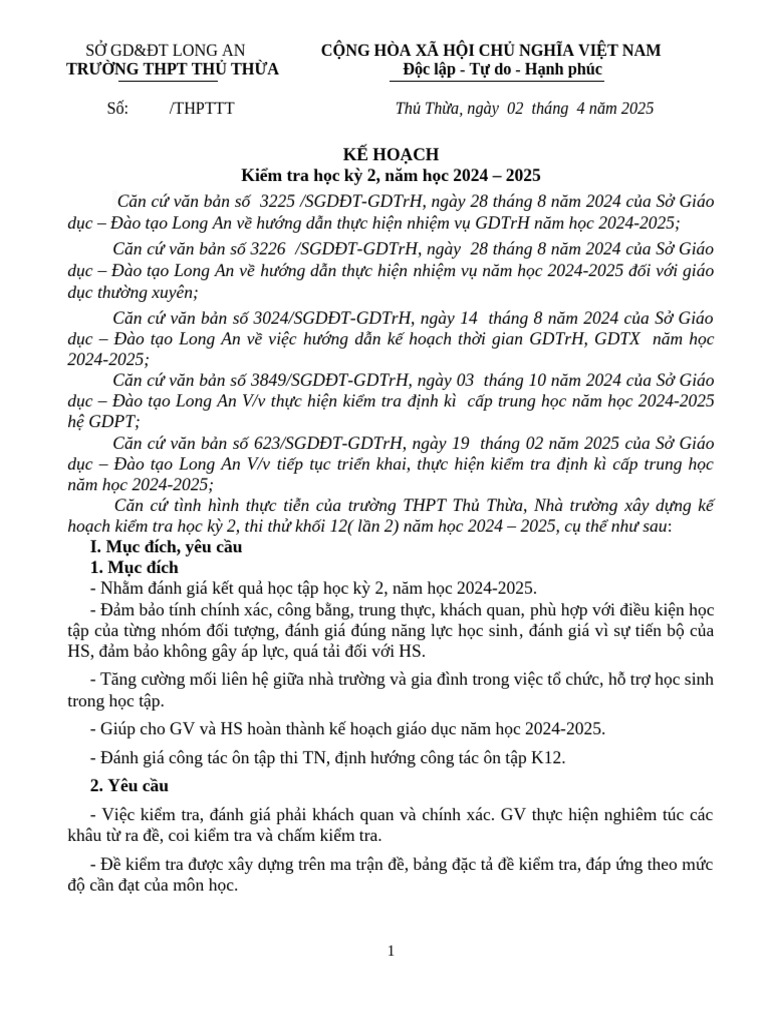 KH Kiem Tra Hkii 2024 2025 Thi Thu | PDF