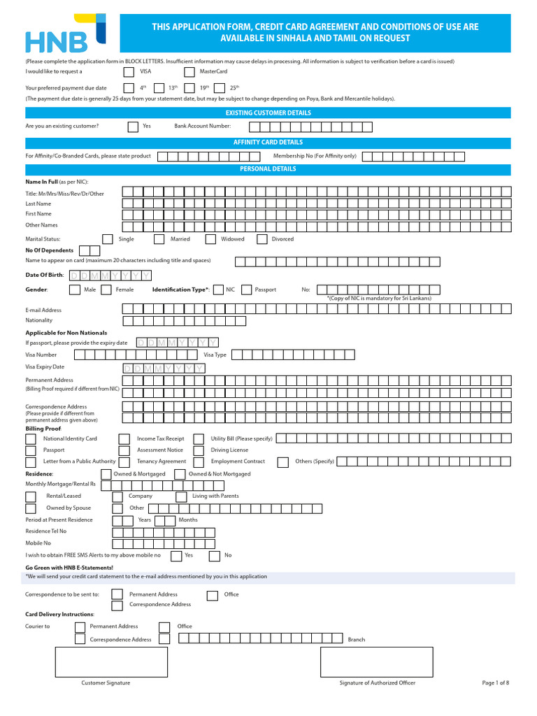 HNB Credit Card Application Form | PDF | Credit Card | Debit Card