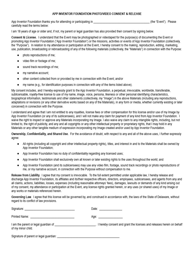 App Inventor Foundation - Media Consent Form | PDF | Copyright ...