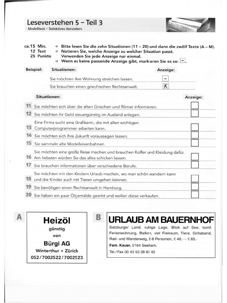 ECL B1 Lesen Teil 1 Anzeigen Test 1 | PDF