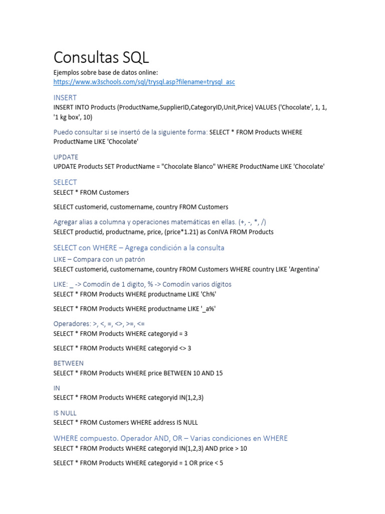 Consultas SQL - Ejemplos Online | PDF