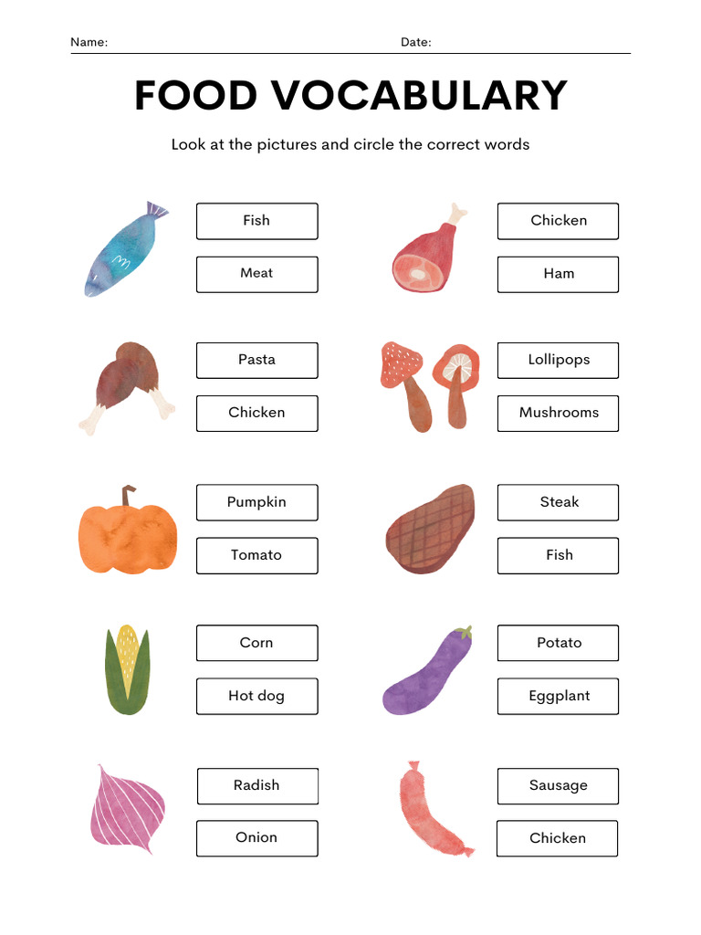 Food Vocabulary Set of Worksheets in Colorful Simple Style | PDF