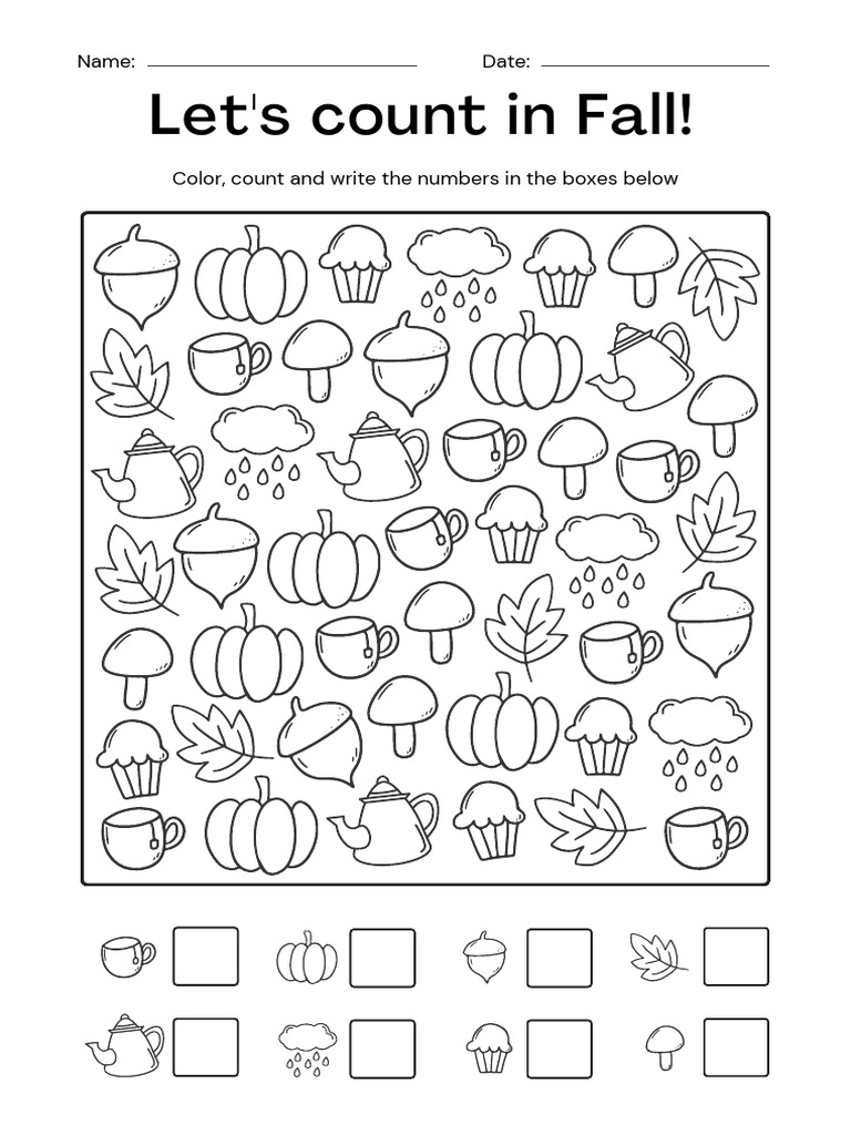 Let's Count in Fall Math Worksheet in Monochromatic Illustrative Style ...
