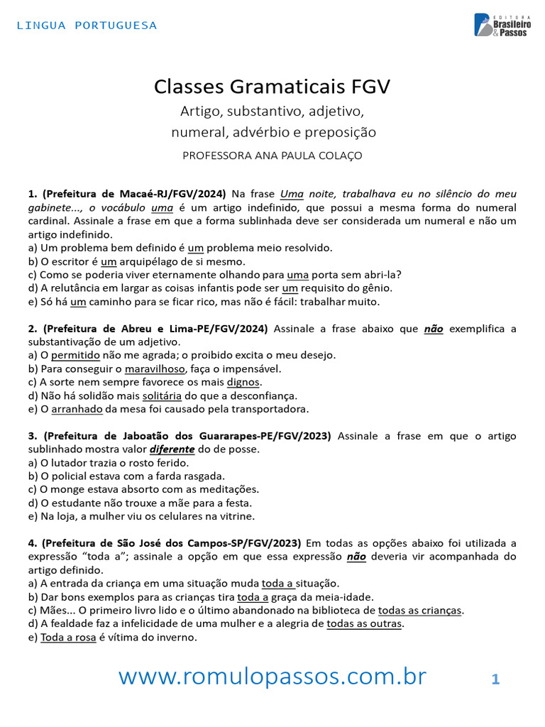 PDF Lingua Portuguesa Classes Gramaticais | PDF | Pronome | Adjetivo