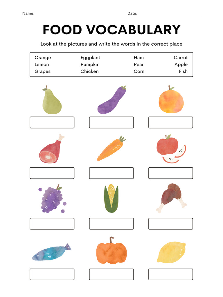 Food Vocabulary Set Of Worksheets In Colorful Simple Style Pdf