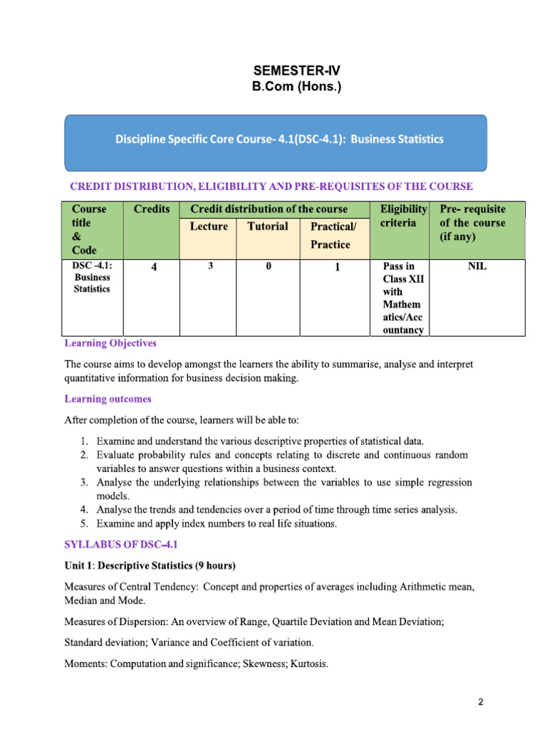 Business Statistics Syllabus | PDF