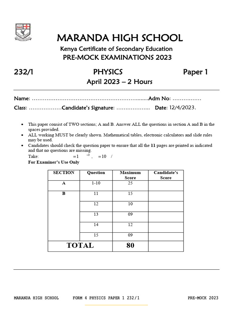 2023 Maranda Pre-Mock PHYPP1QNS | PDF | Brake | Physical Quantities