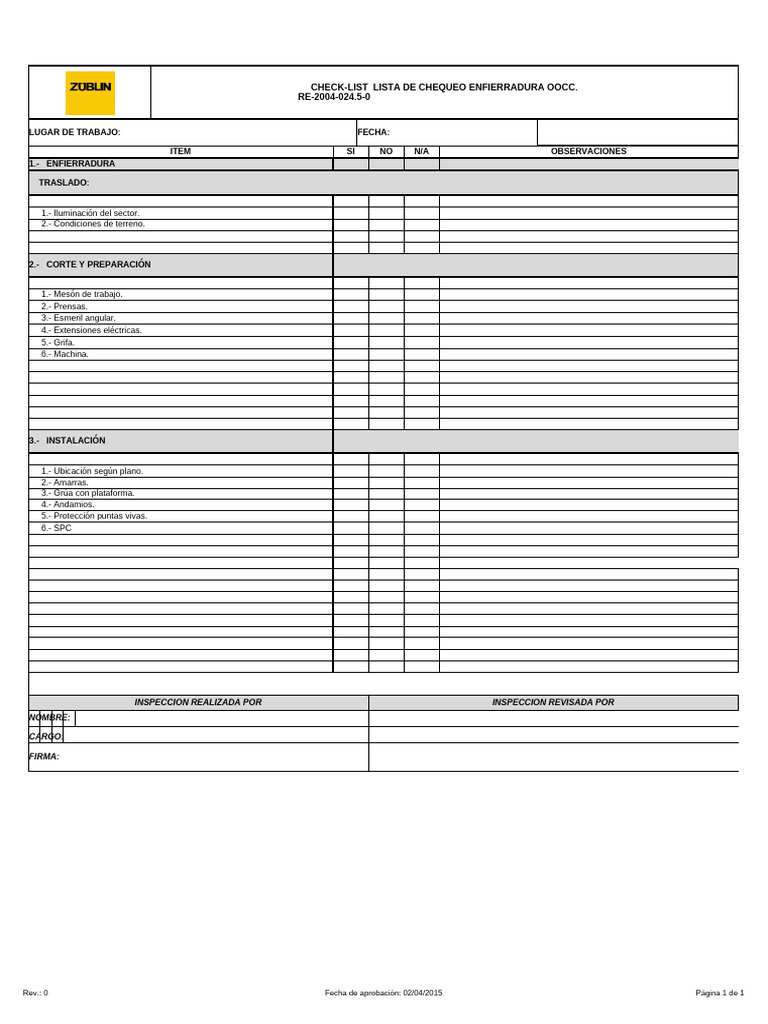 Check List Lista de Chequeo Enfierradura OOCC | PDF