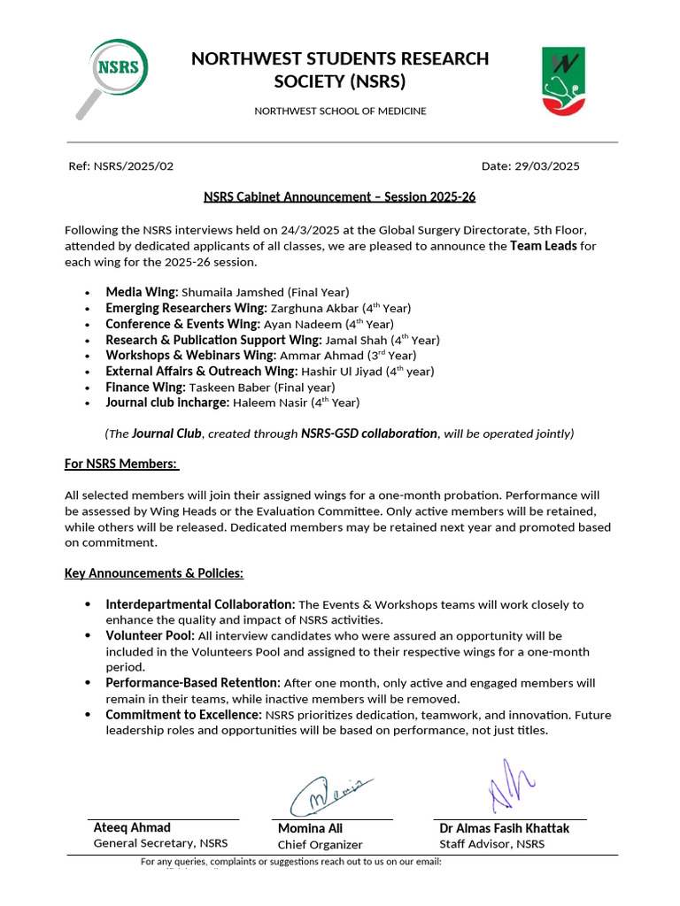 NSRS 2025-26 Team Leads Announcement | PDF