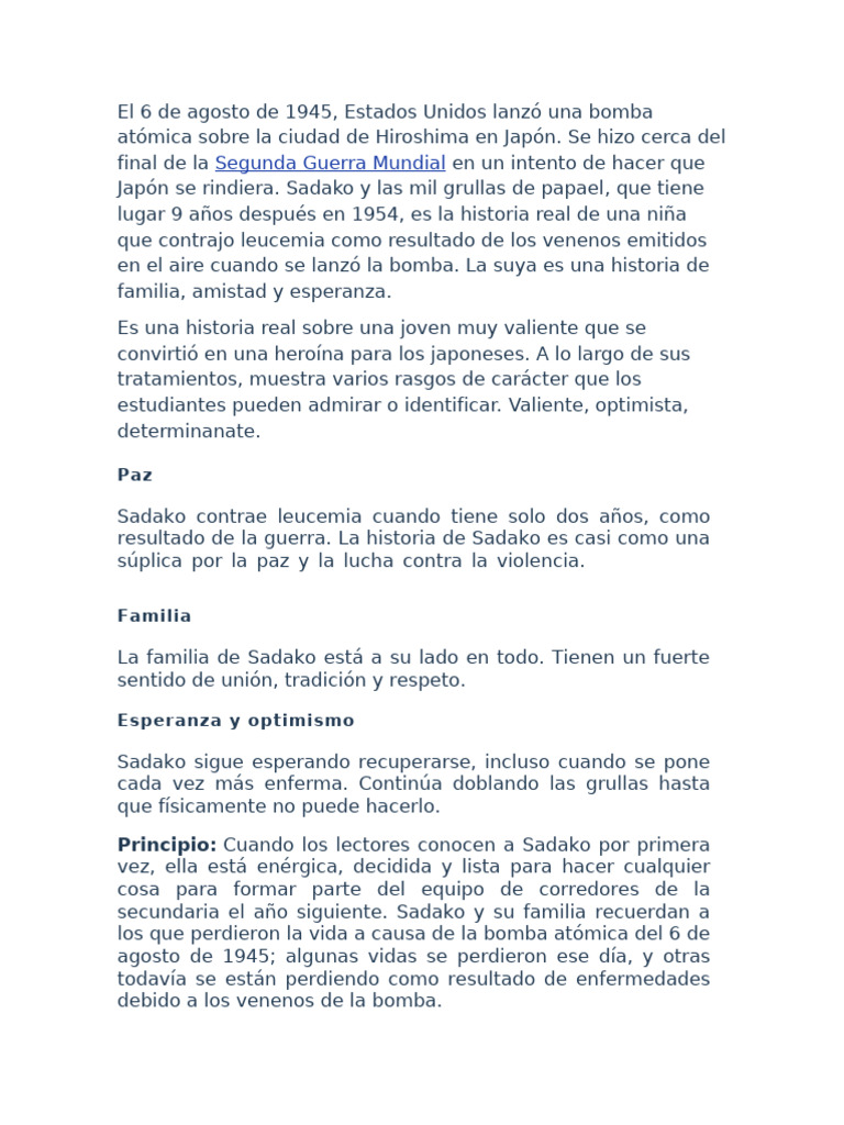 Historia Sobre El Libro Sadako y Las Mil Grullas de Papel | PDF