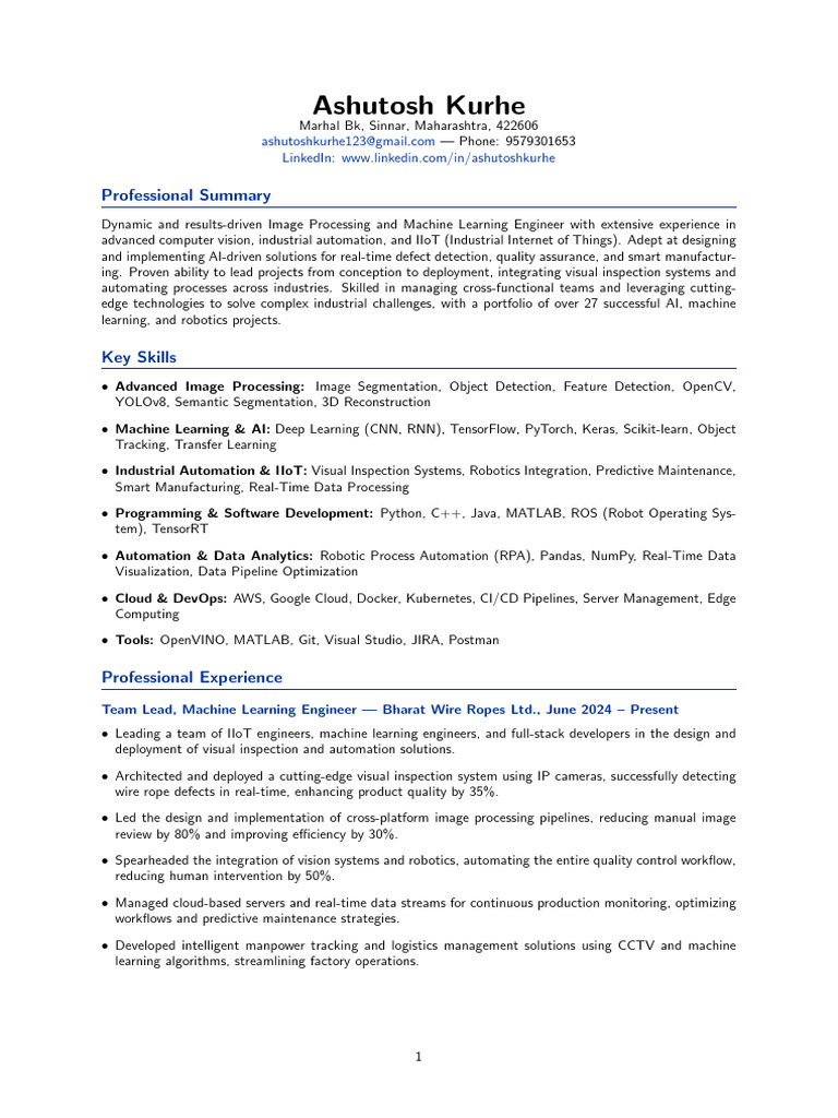 Ashutosh Kurhe Resume Updated | PDF | Automation | Machine Learning