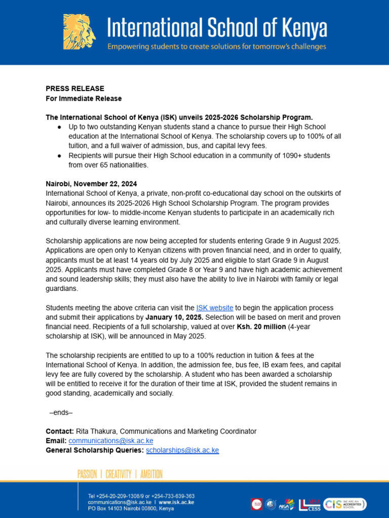 Press Release For Immediate Release The International School of Kenya ...