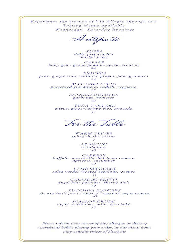 Via Allegro Dinner Menu | PDF | Wine | Grape