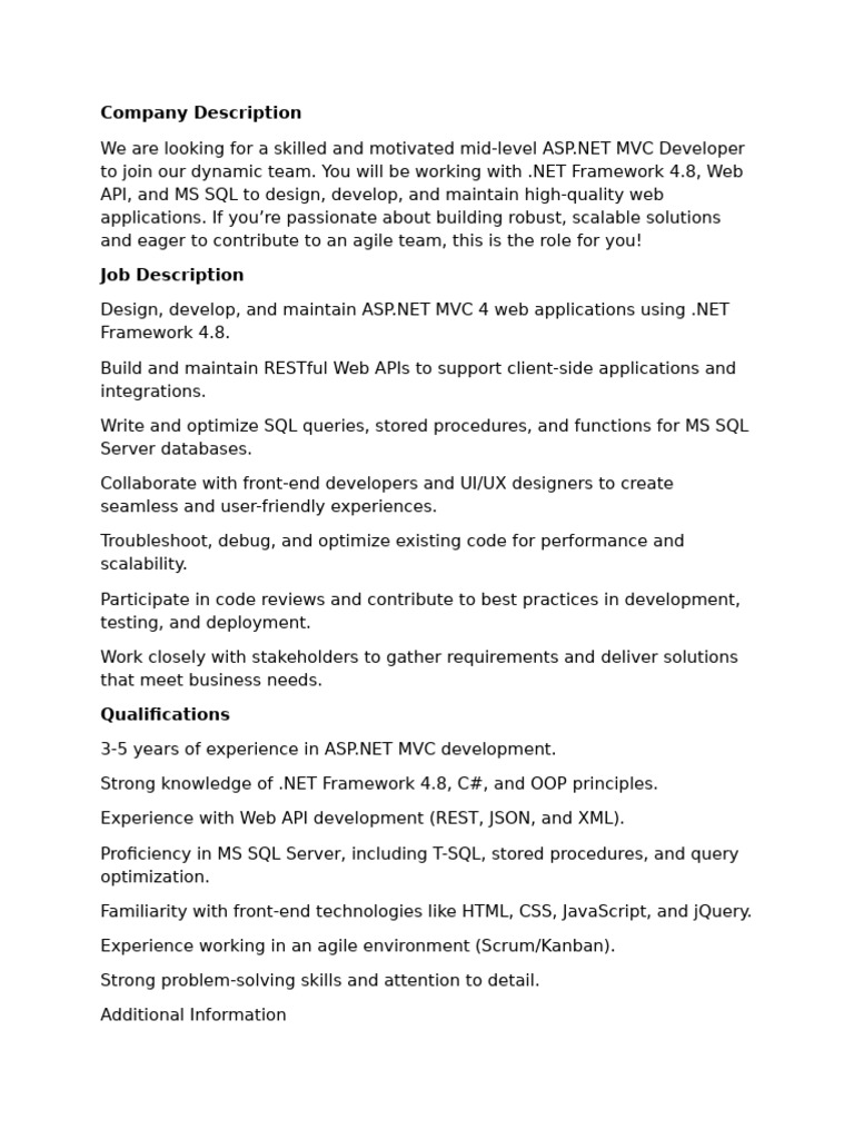 Mid-Level ASP.NET MVC Developer Job | PDF
