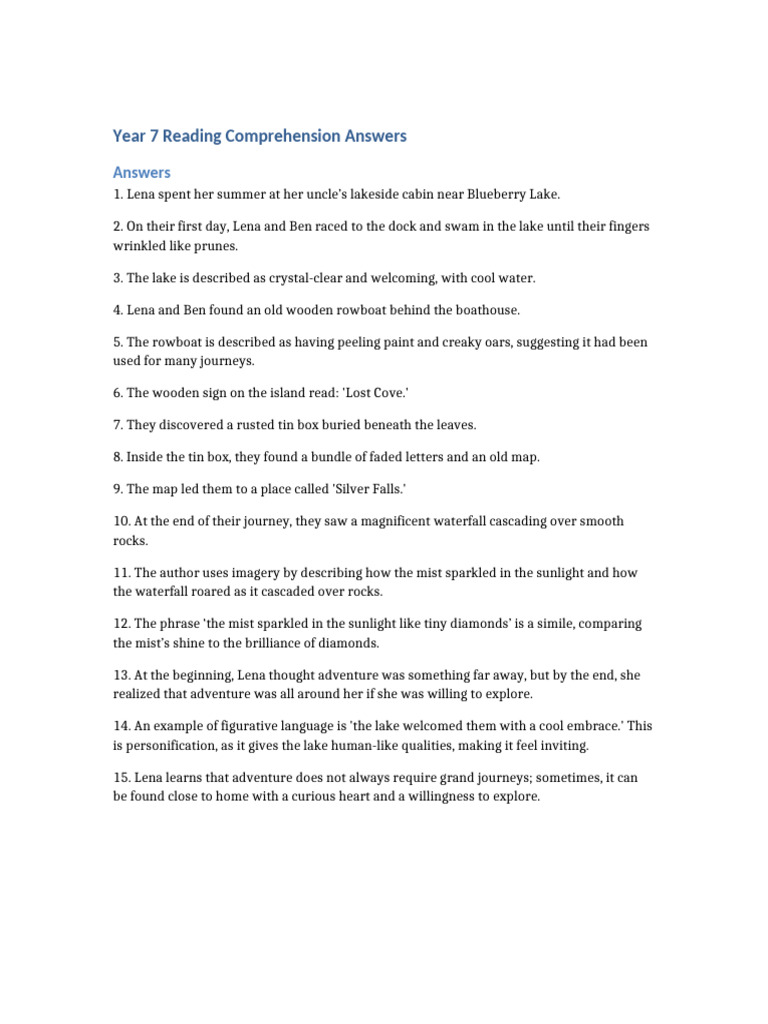 Year 7 Reading Comprehension Answers | PDF