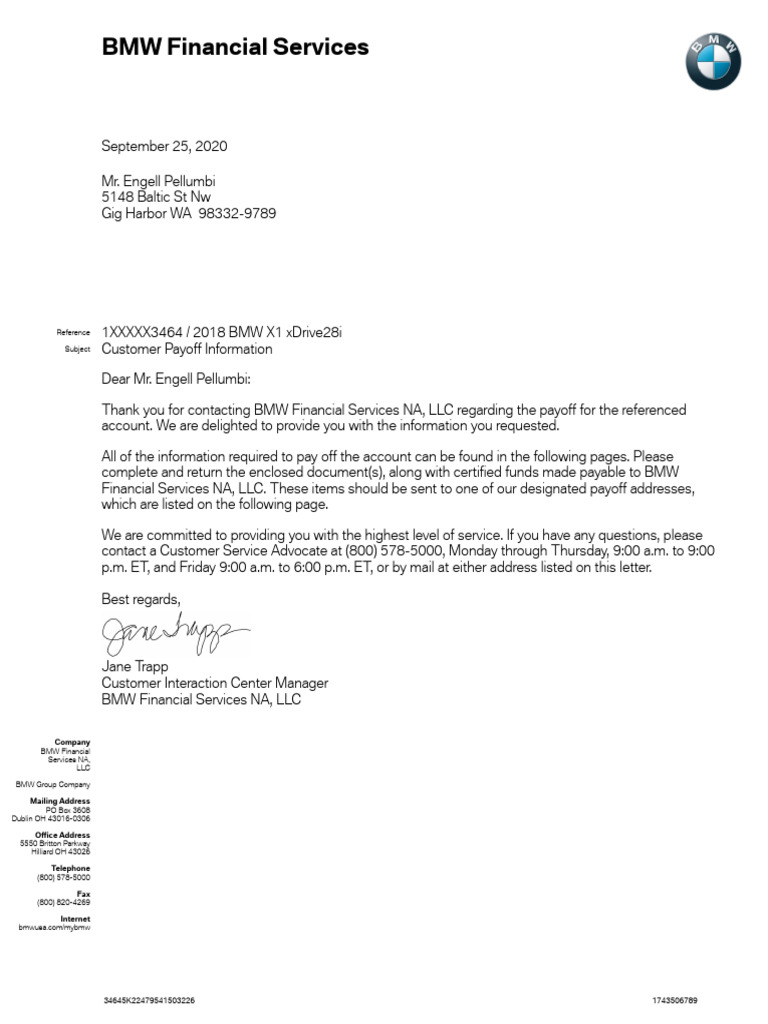 BMW Financial Services Payoff Instructions | PDF | Cheque | Mail