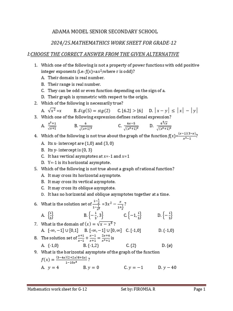 CHAPTER ONE AND TWO (GRADE 11) @TMHRT - Minister | PDF | Asymptote | Function (Mathematics)