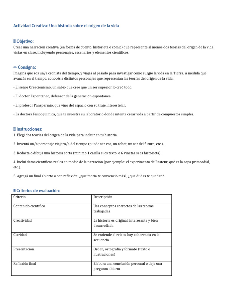Actividad Creativa Origen de La Vida | PDF | Abiogénesis | Cómics