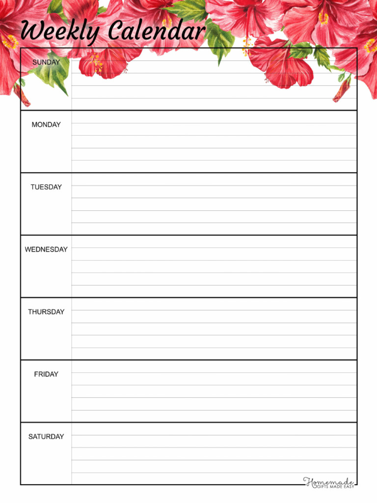 Weekly Calendar Portrait Rows Hibiscus | PDF