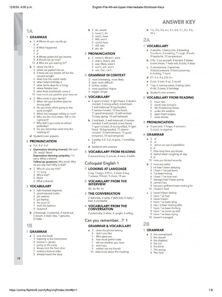 English File 4th Ed Upper Intermediate Workbook Keys | PDF