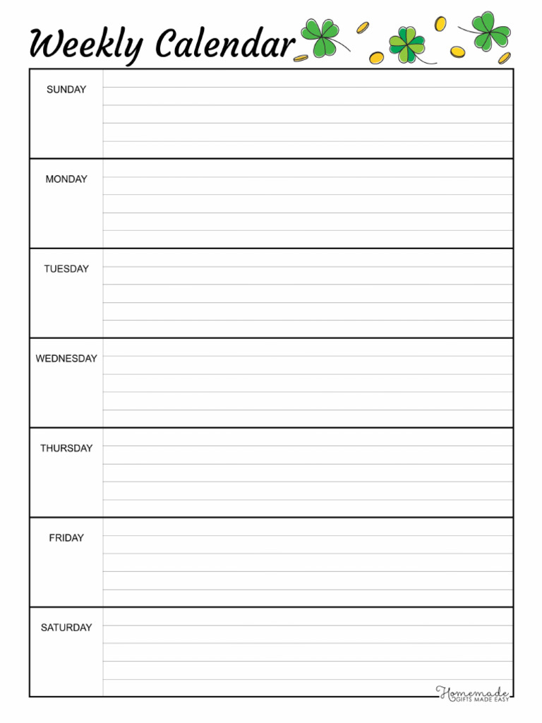 Weekly Calendar Portrait Rows ST Patricks Day | PDF