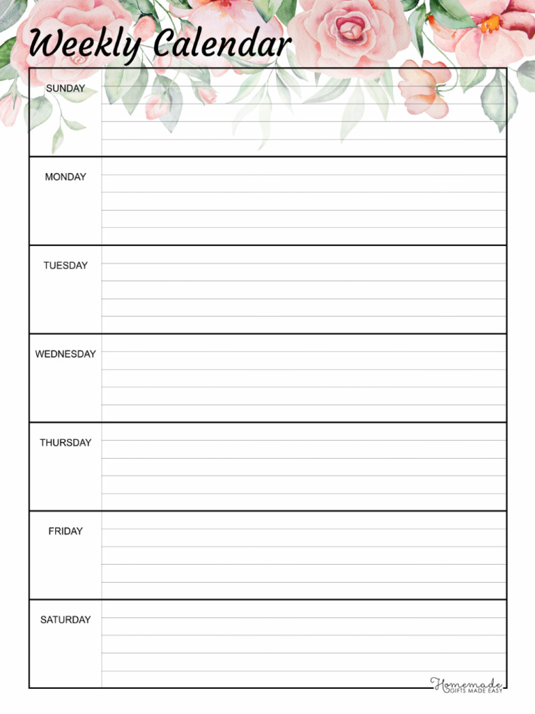 Weekly Calendar Portrait Rows Roses | PDF